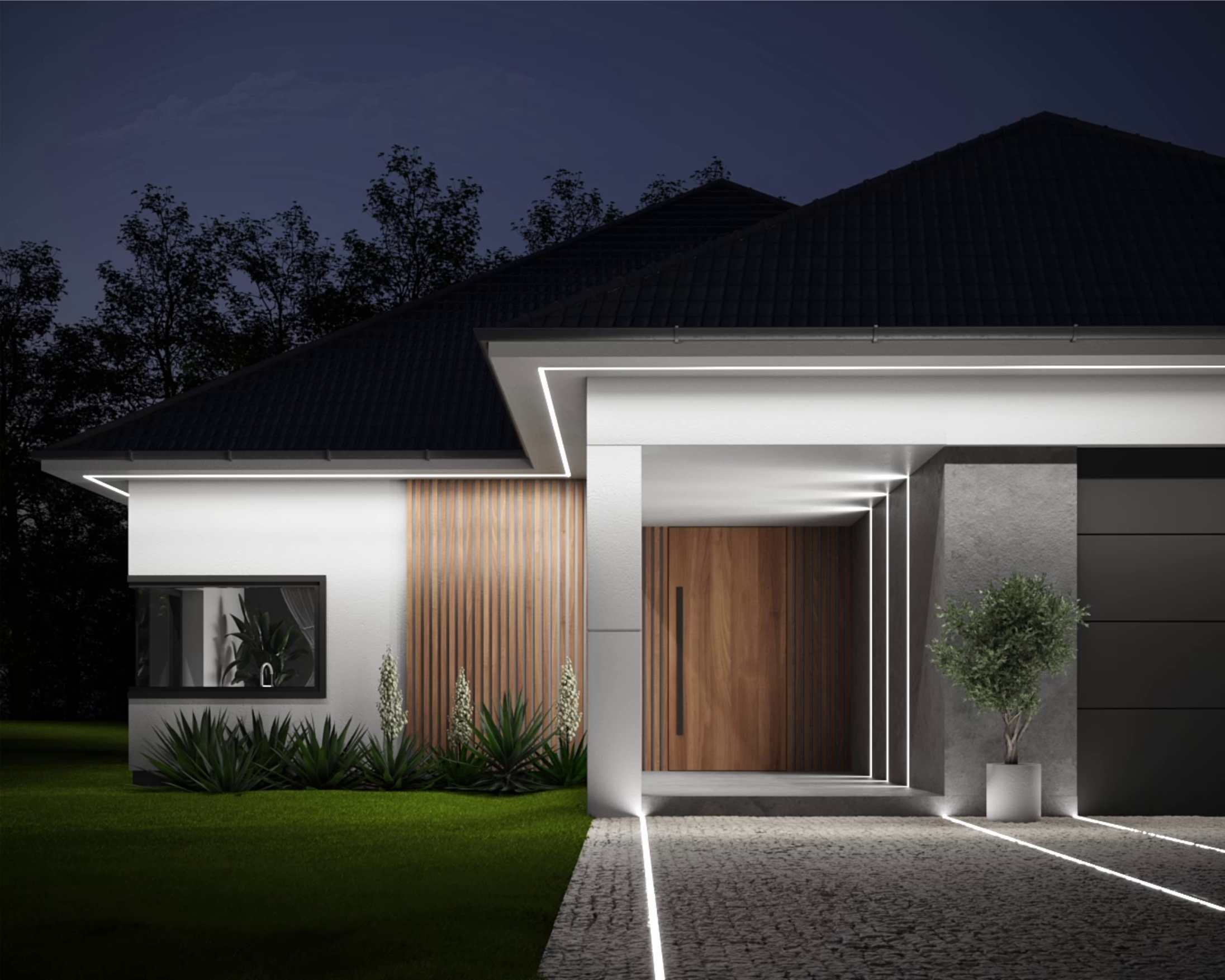 Oświetlenie elewacji domu - podsufitka dachowa z taśmą LED - Kingled.pl